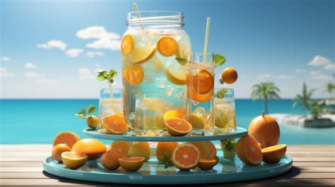 Refreshing Citrus Drinks On A Sunny Beach Premium Ai Generated Image