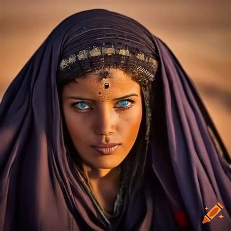 Captivating Bedouin Woman With Striking Blue Eyes In Desert Landscape