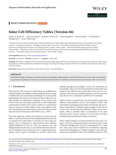 Solar Cell Efficiency Tables Version 66 Pdf Photovoltaics Solar Cell