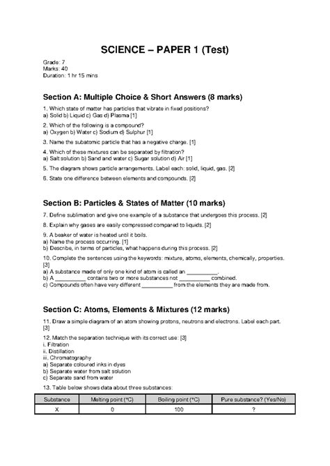 Science Test Grade 7 Ch 5 6 7 Multiple Choice And Short Answers