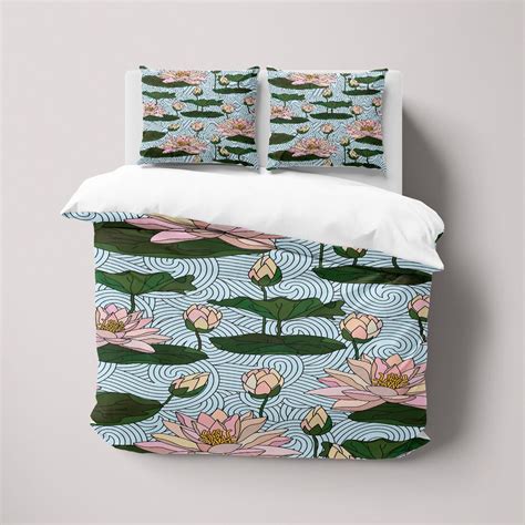 Lotus Pond Water Ripple Duvet Cover Set Floral Bedding Set Botanical