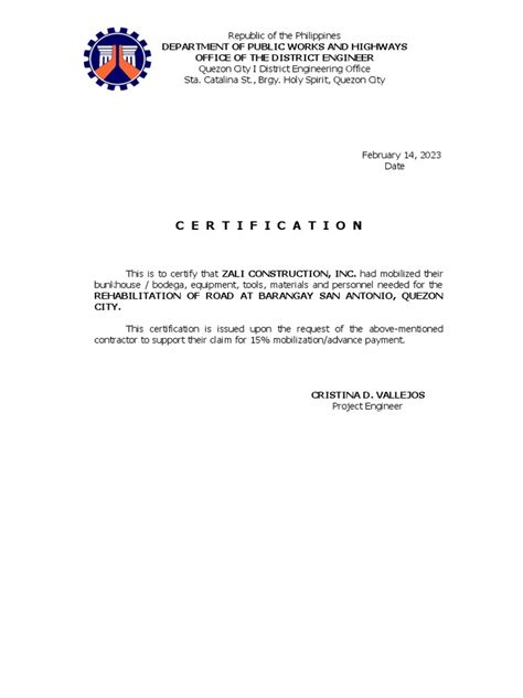Certificate Of Mobilization By Project Engr Pdf