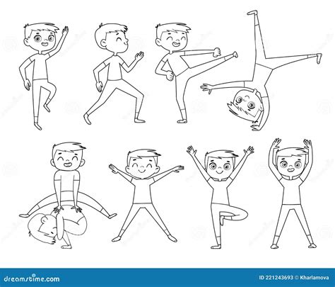 Little Boy Doing Physical Exercises Outline Drawing Cartoon Vector