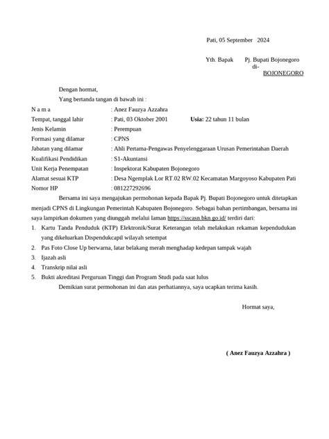 Format Surat Lamaran Anez Fauzya Azzahra Pdf