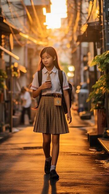Premium Photo Asian Hight School Girl In Hight Shcool Uniform Walking In The Street In The City
