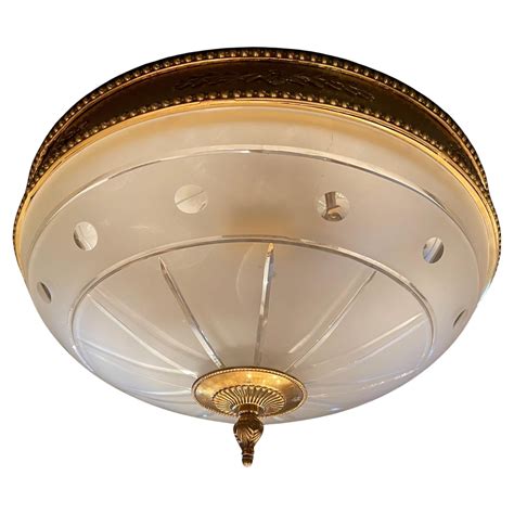 Wonderful Large Regency Bronze Frosted Glass Crystal Flush Mount