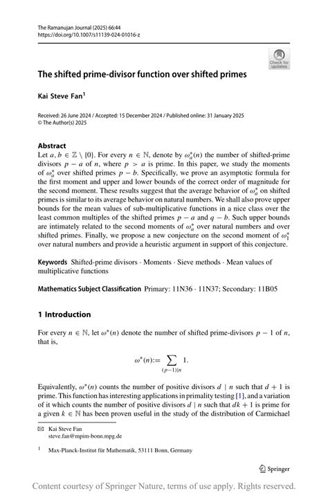 Pdf The Shifted Prime Divisor Function Over Shifted Primes