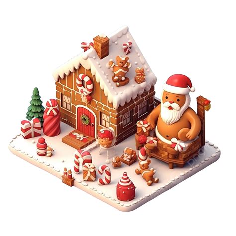 Christmas With Isometric Cute Toys Funny Santa And Gingerbread House