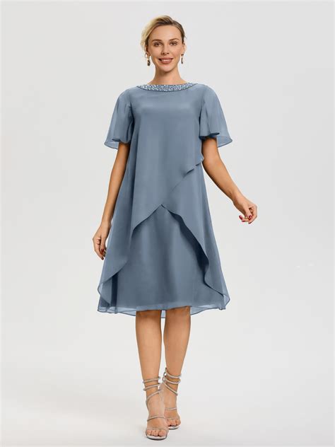 Mother Of The Bride Dusty Blue Dress Jewel A Line Short Sleeves Beadin