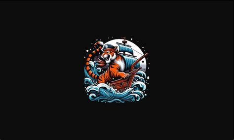 Tiger Riding Ship On Sea Night Vector Artwork Design Premium Ai
