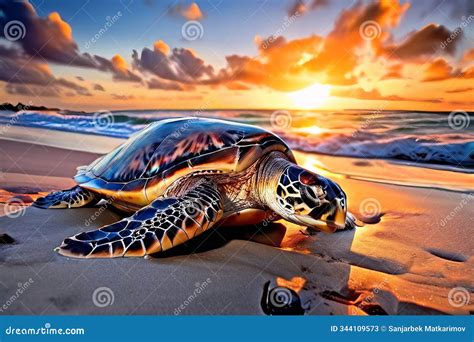 A Sea Turtle Nesting On A Moonlit Beach Vector Tropical Background