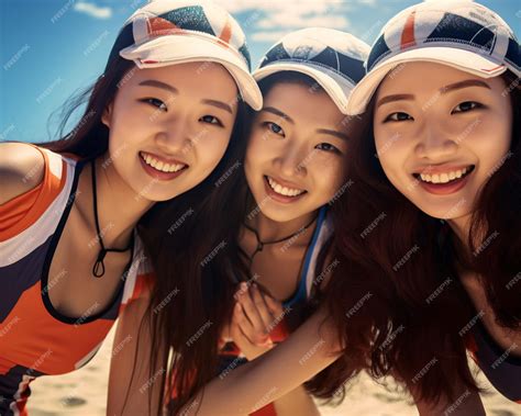 Premium Photo Funny Japanese Girl Group On The Beach Happy And Positive