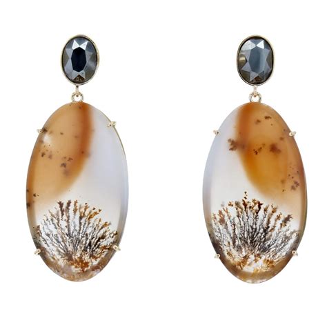 Modern Dendrite Agate Hematite 18 Karat Yellow Gold Earrings Bijouxbaume