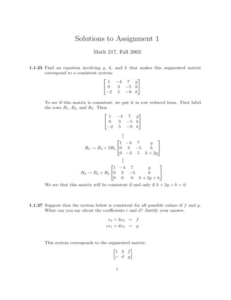 Math 217 Assignment 1 Solutions Linear Systems And Span