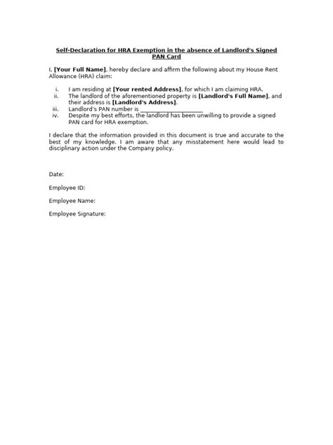 Self Declaration For Hra Exemption In The Absence Of Landlords Signed