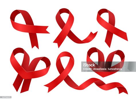 World Aids Day Big Set Of Red Ribbons Vector Flat Illustration Stock