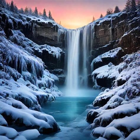 A Waterfall Is Shown In The Winter With Snow On The Ground And Ice On