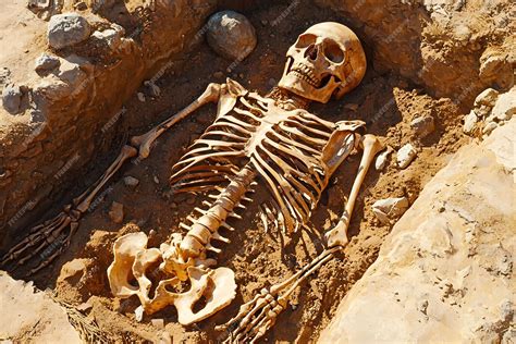 Archaeological Dig Revealing Ancient Human Skeleton In Soil Premium