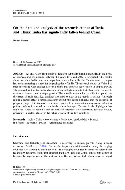 Pdf On The Data And Analysis Of The Research Output Of India And
