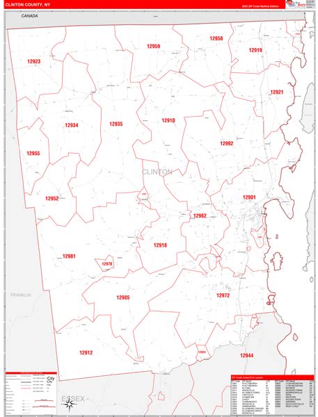 Clinton County Ny Zip Code Wall Map Red Line Style By Marketmaps Mapsales