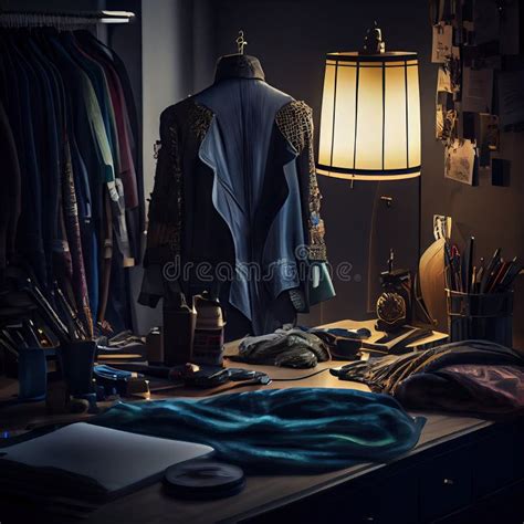 A Room With A Desk With Clothes And A Lamp Generative Ai Stock Illustration Illustration Of