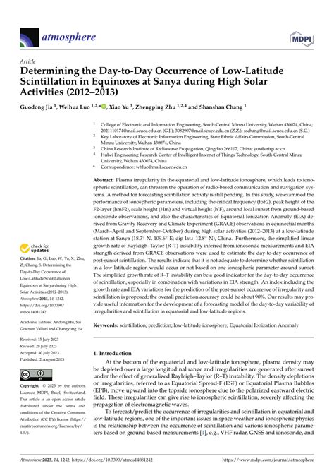 Pdf Determining The Day To Day Occurrence Of Low Latitude Scintillation In Equinoxes At Sanya