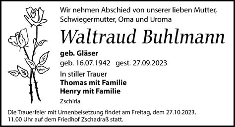 Traueranzeigen Von Waltraud Buhlmann Trauer Anzeigen De