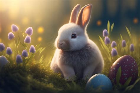 Premium Photo Easter Bunny In The Field Among Easter Eggs A Small