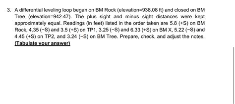 solved 3 a differential leveling loop began on bm rock