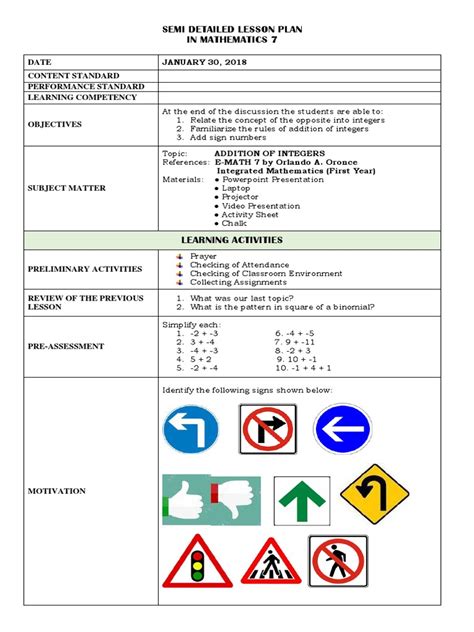 Semi Detailed Lesson Plan In Mathematics 7 Lesson Plan Integer