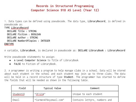 Records In Structured Programming Teaching Resources