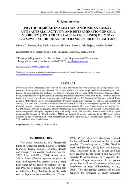 Pdf Phytochemical Evaluation Antioxidant Assay Antibacterial Activity And Determination Of