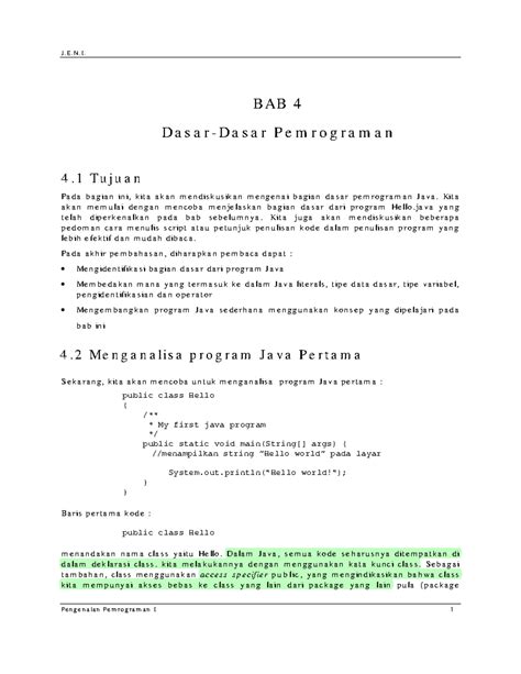Jeni Bab 4 Dasar Dasar Pemrograman Java Dan Komentar Studocu