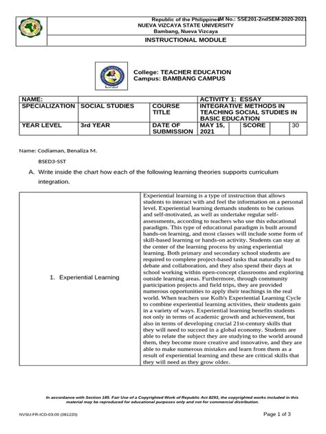 Codiaman Benaliza Act 1 Pdf Constructivism Philosophy Of Education Learning Disability