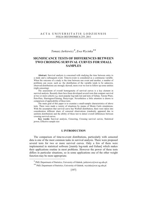 Pdf Significance Tests Of Differences Between Two Crossing Survival Curves For Small Samples