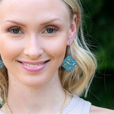 Brass Patina Earrings Aqua Squares With Moons And Lines Anju Jewelry