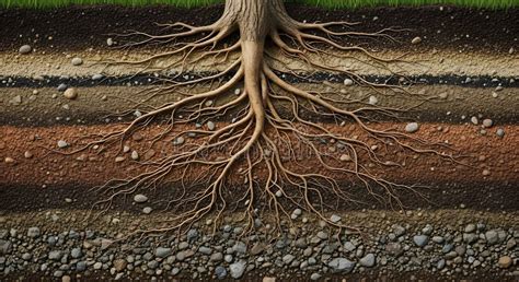 Tree Roots System In Soil Layers Cross Section Stock Illustration