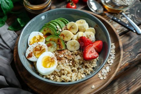 Healthy Breakfast Bowl With Oatmeal Boiled Eggs Fresh Fruits And
