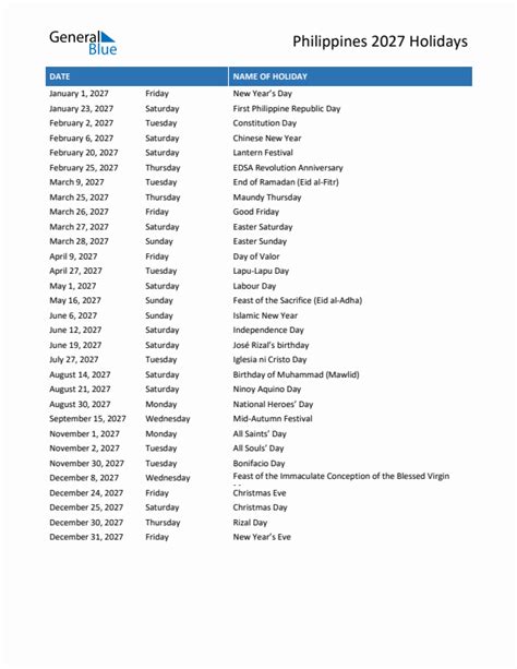 2027 Philippines List Of Holidays In Pdf Word And Excel