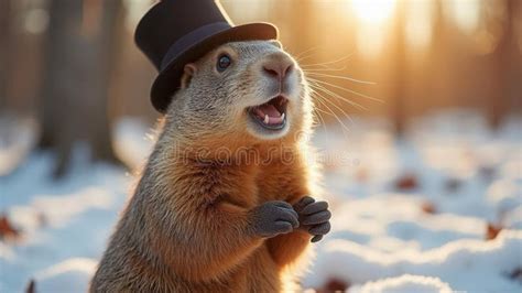 Happy Groundhog Day With Cute Groundhog And Hat Stock Illustration