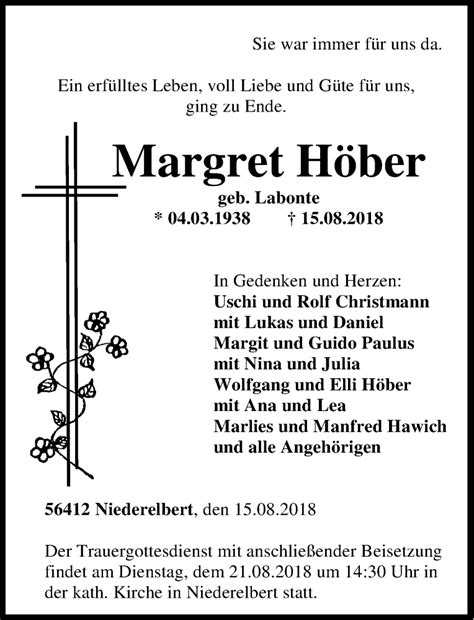 Traueranzeigen Von Margret Höber Rz Trauer De