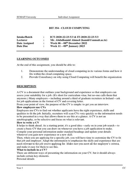 Cloud Cv Project Assignment Guide Pdf Internship Job Hunting