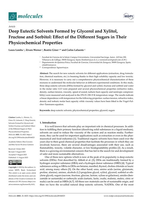 Pdf Deep Eutectic Solvents Formed By Glycerol And Xylitol Fructose