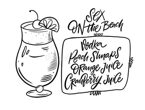 Sex On The Beach Cocktail Hand Drawn Black Color Outline Style Stock Vector Illustration Of