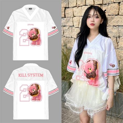 เสื้อแบรนด์ท้องถิ่น Oversize Kill System Silly Love No รองเท้าผ้าใบหมี