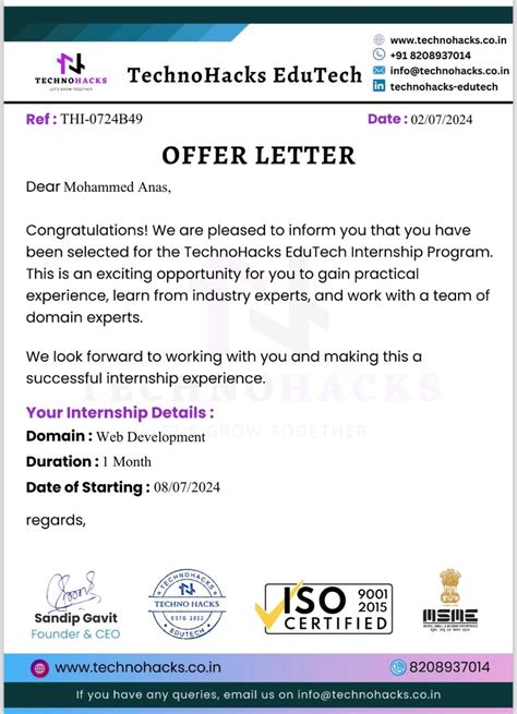 Mohamed Anas On Linkedin Webdevelopment Internship Technohacks Careergrowth Excited