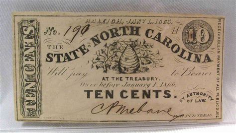 1863 North Carolina State 10 Cent Fractional Civil War Note Vch Au