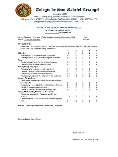 Activity Evaluation Sheet Pdf