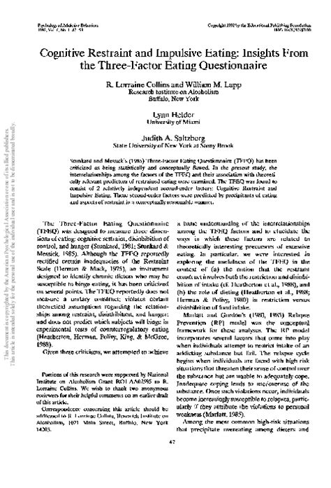 Pdf Cognitive Restraint And Impulsive Eating Insights From The Three Factor Eating Questionnaire