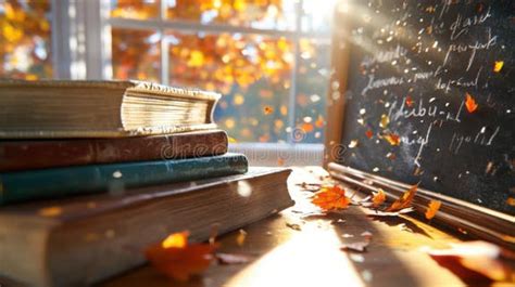 An Educational Autumn Stillness Fills The Classroom Where Worn Textbooks Rest On The Desk Near
